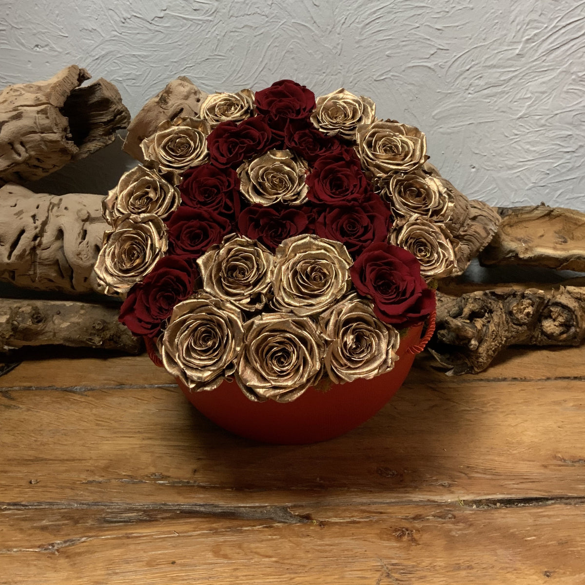 Gold Preserved Roses with Personalized Red Rose Initial in Red Hat Box ...
